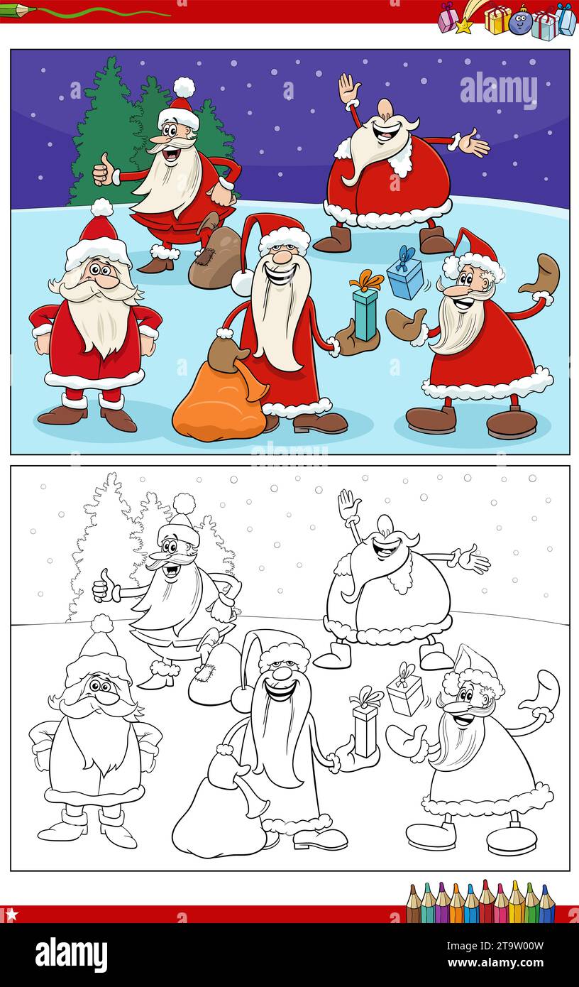 Cartoon illustration of Santa Claus characters on Christmas time ...