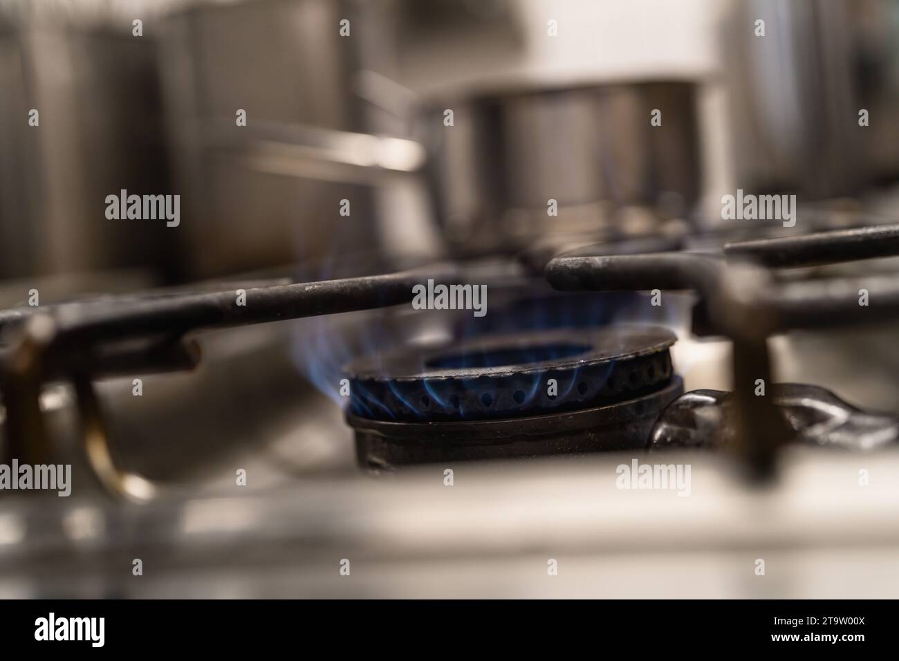 Closeup of blue fire flames from a professional kitchen stove top. Gas ...