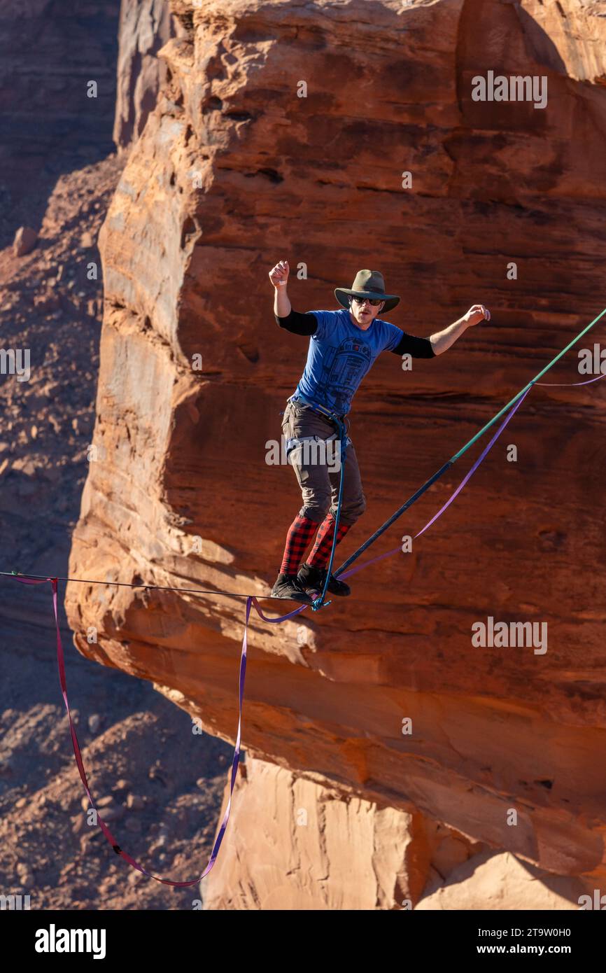 A man walking a highline at the GGBY World Highline Festival in Mineral ...