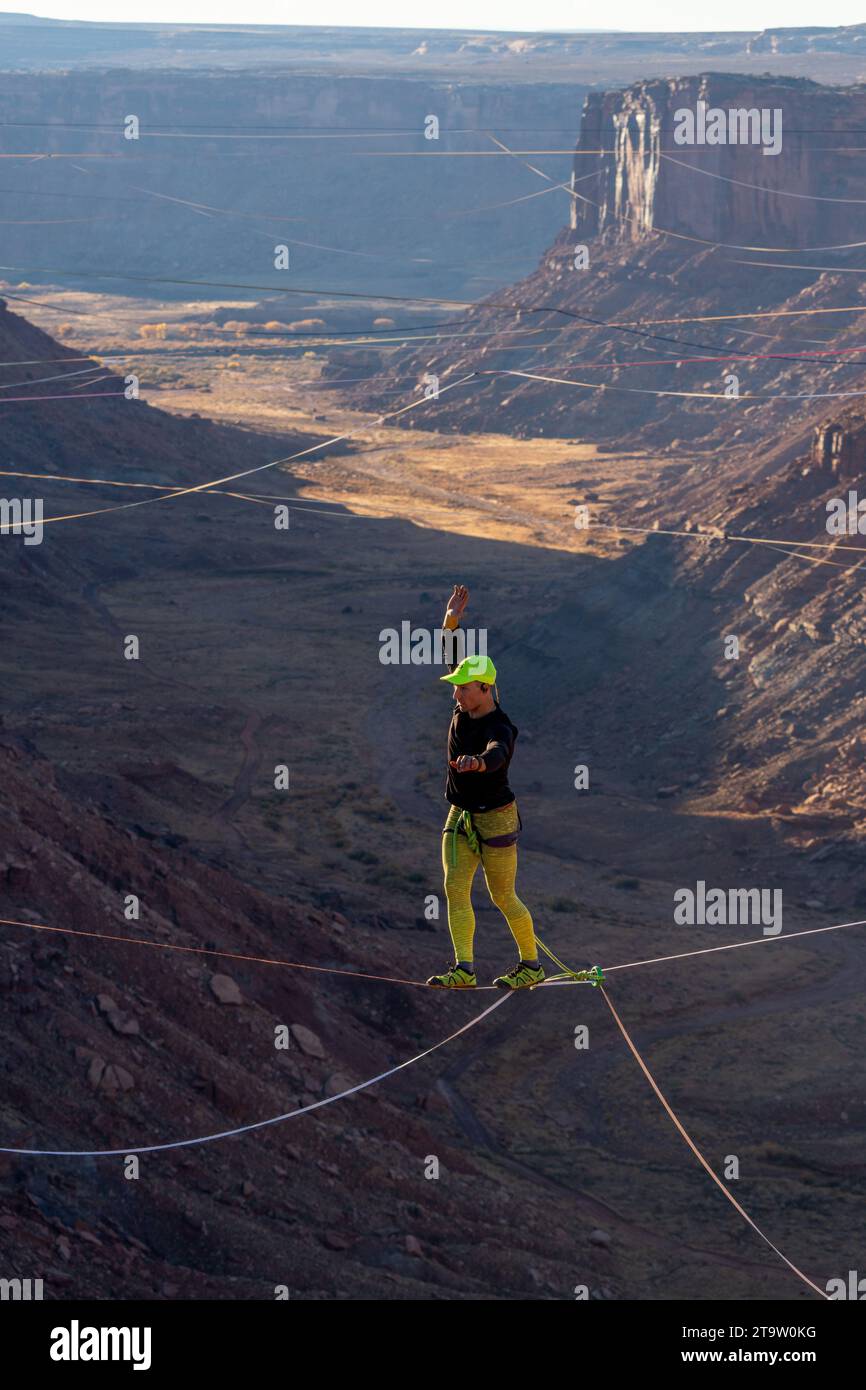 Telephoto view of a man walking a highline at the GGBY World Highline ...
