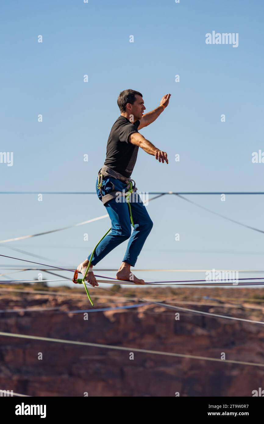 A man walking a highline at the GGBY World Highline Festival in Mineral ...