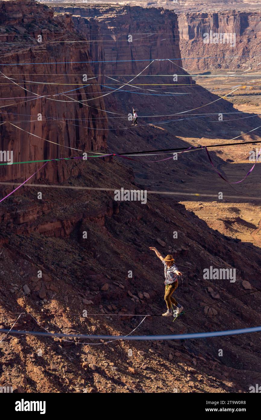 Telephoto view of a man walking a highline at the GGBY World Highline ...