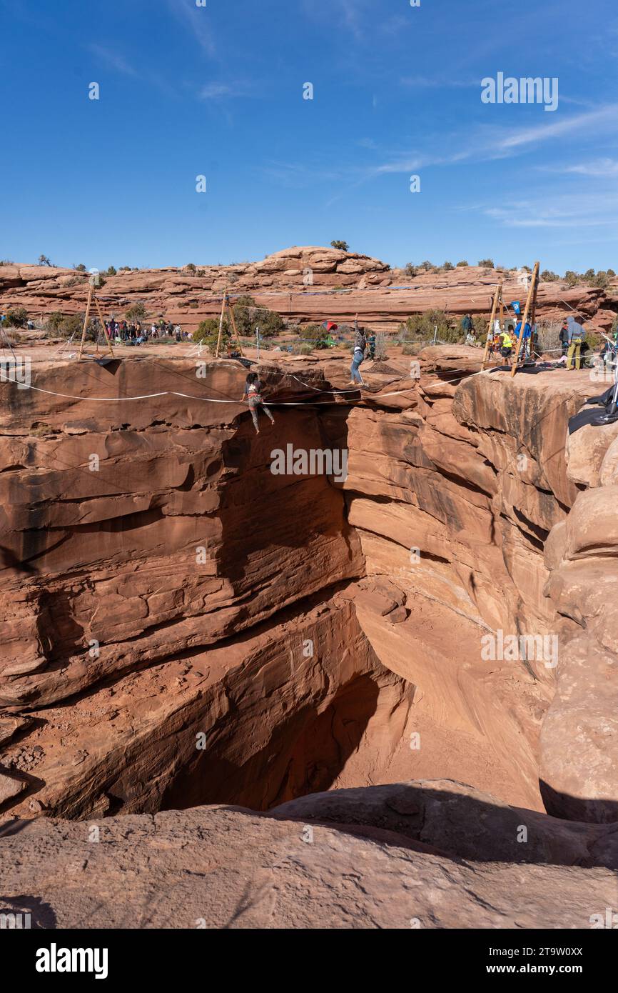 Two women on highlines at the GGBY World Highline Festival 500 feet ...