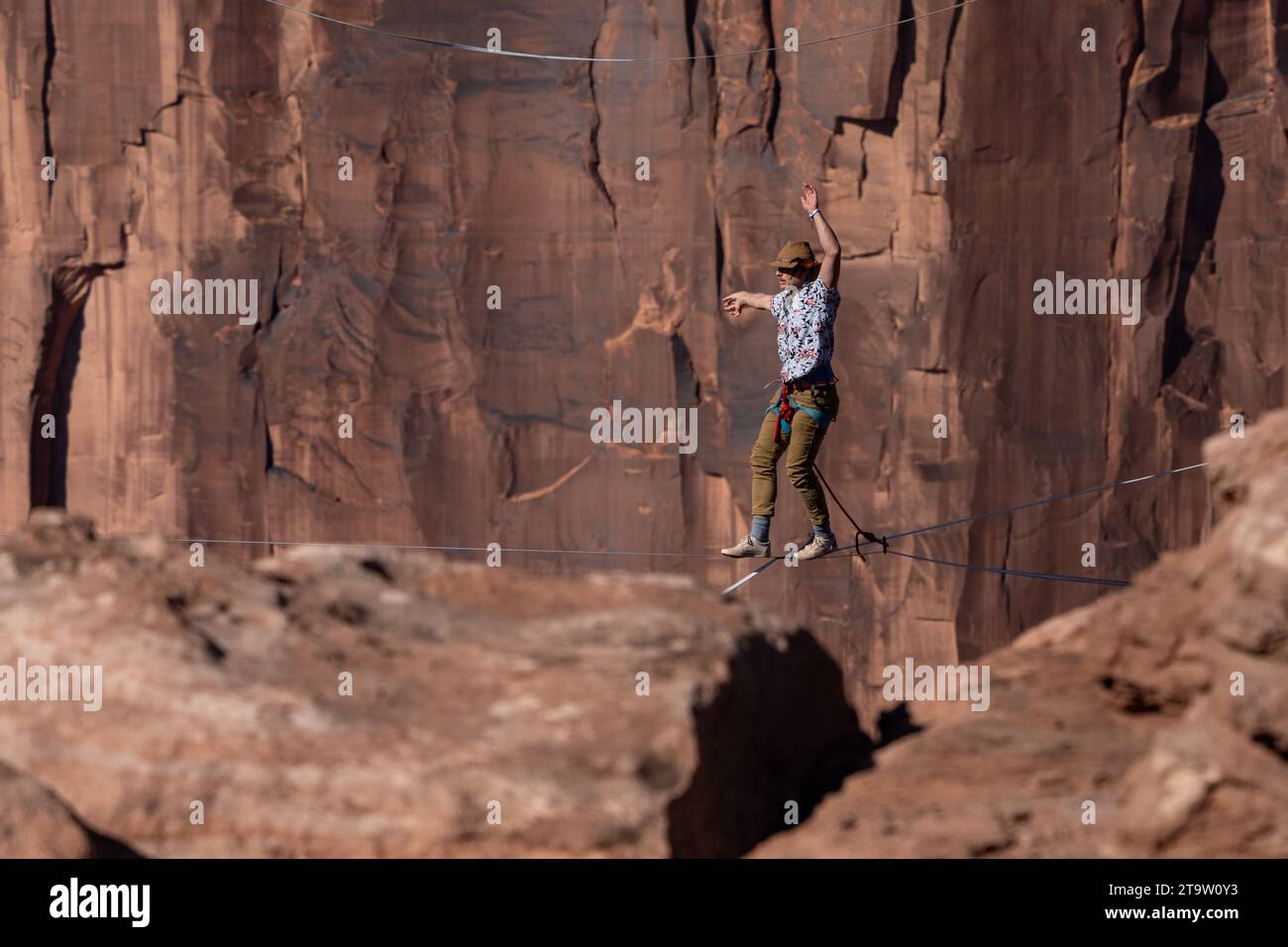 A man walking a highline at the GGBY World Highline Festival in Mineral ...