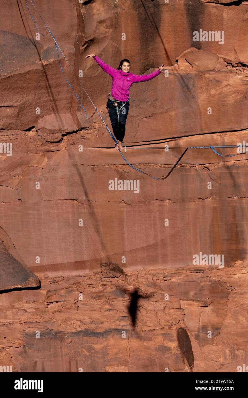 A woman on the highline with her shadow over Mineral Canyon at the GGBY ...