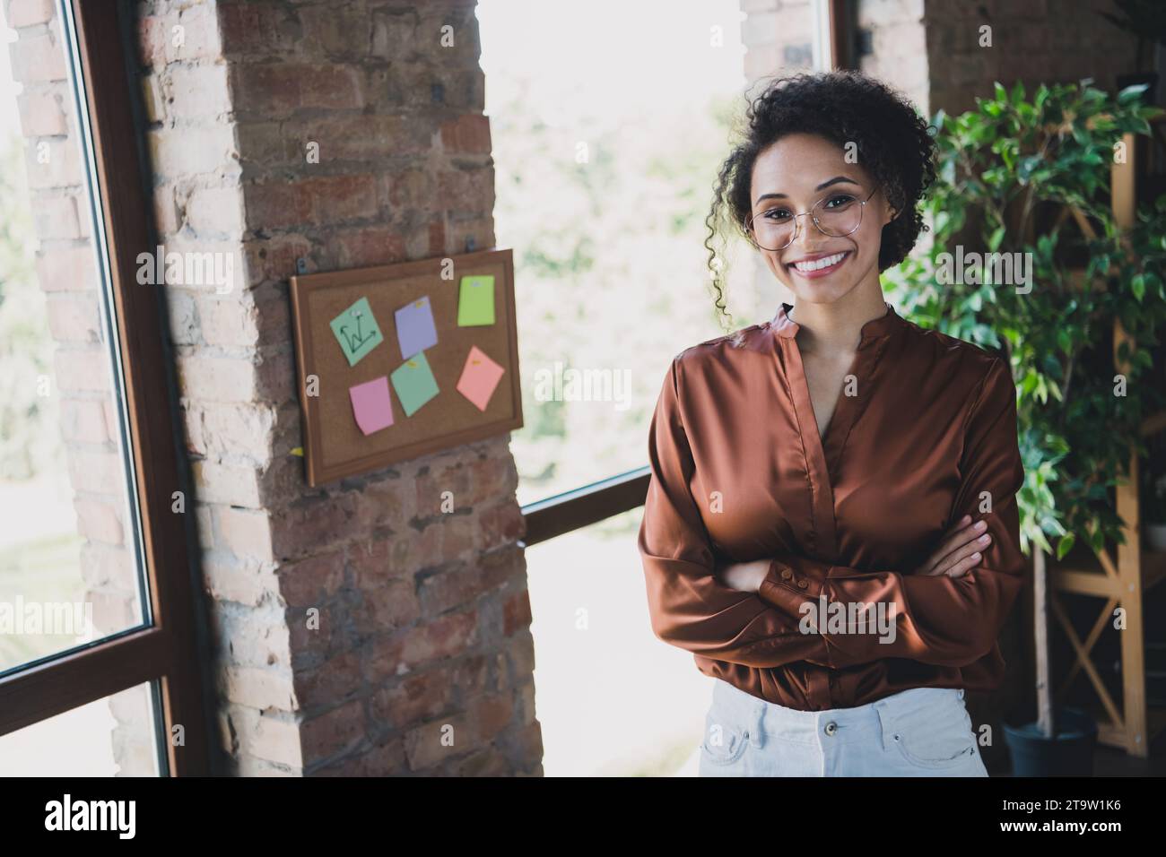 Portrait of stunning classy economist lady crossed hands toothy smile ...