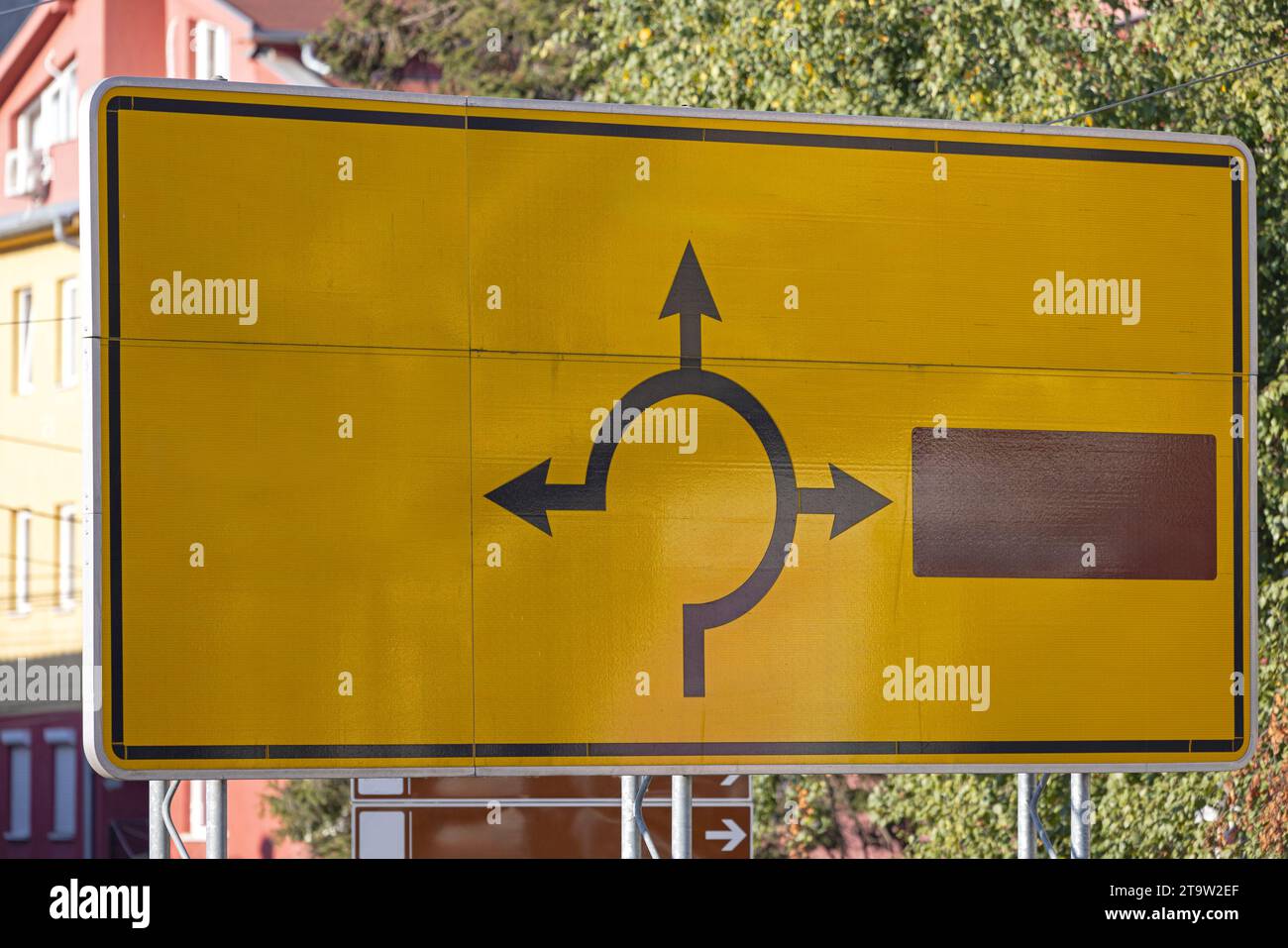 Empty Roundabout Intersection Yellow Traffic Direction Sign Copy Space ...