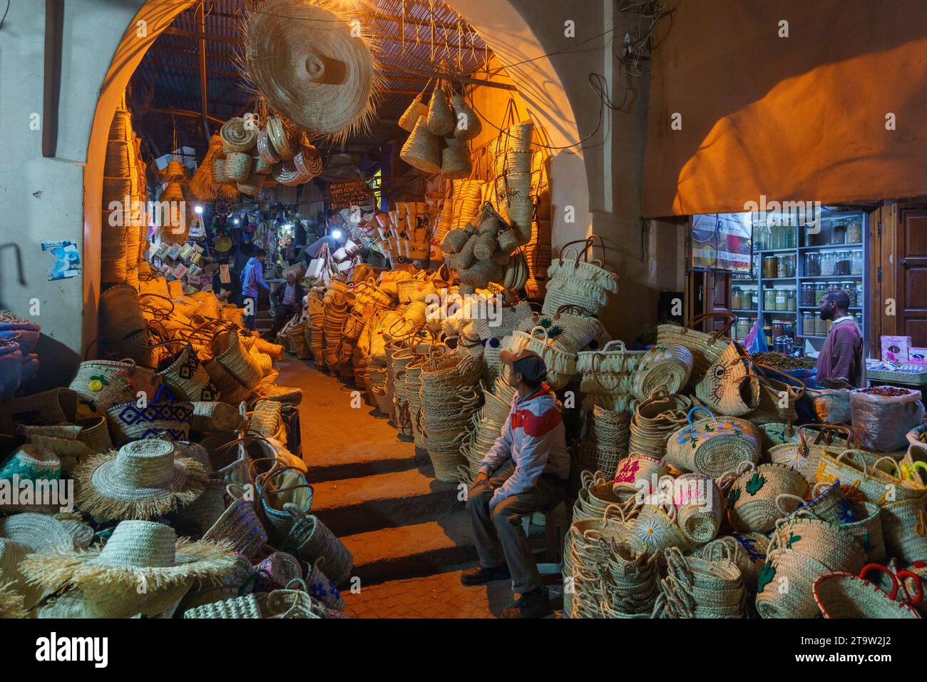 North Africa. Morocco. Marrakesh. Straw bag stalls in the souks of the ...
