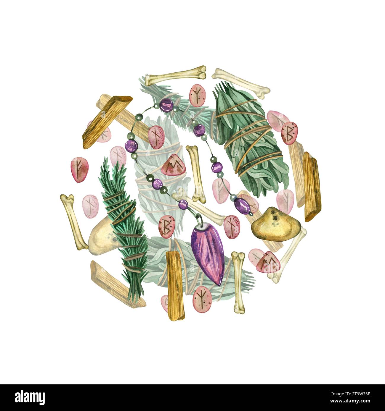 Round composition of elements for fortune telling: herbs for fumigation ...