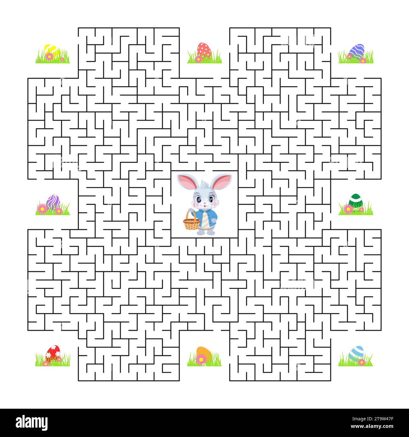 Vector illustration. Easter maze game. The bunny collects Easter eggs ...