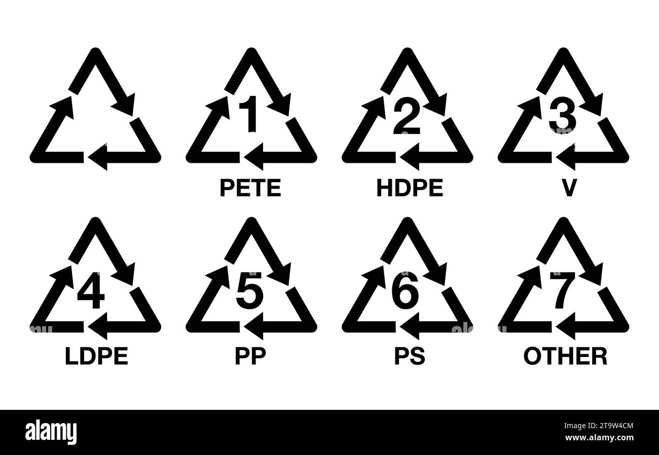Recycle icons vector set. Triangle and round emblems for conservation and saving illustration ...