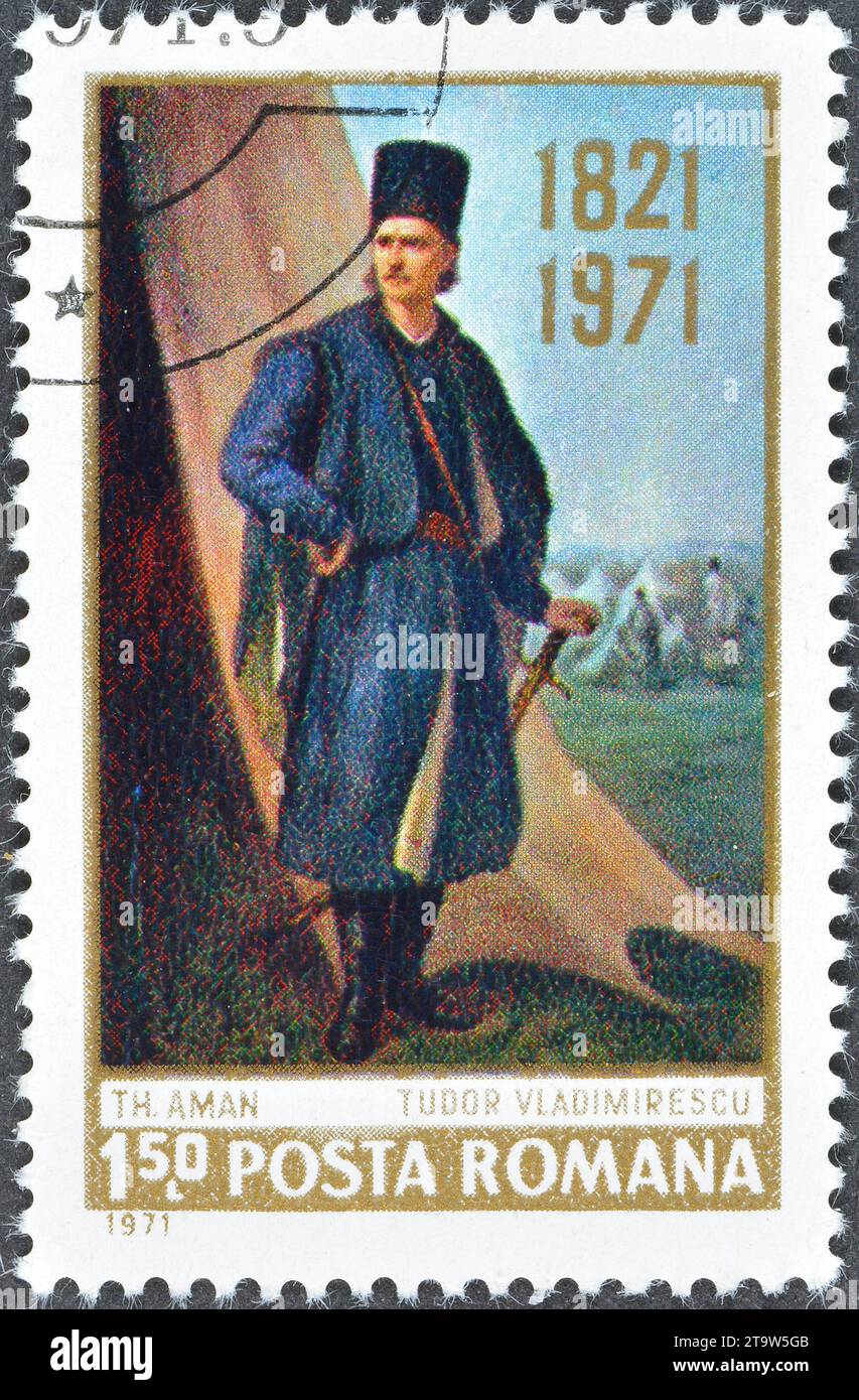 Cancelled postage stamp printed by Romania, that shows Tudor ...