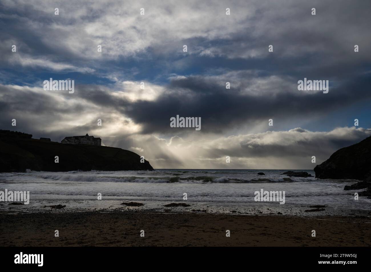 POLDHU COVE DARK DRAMATIC STORMY SKIES WITH POLDHU HOTEL AND HEADLAND ...