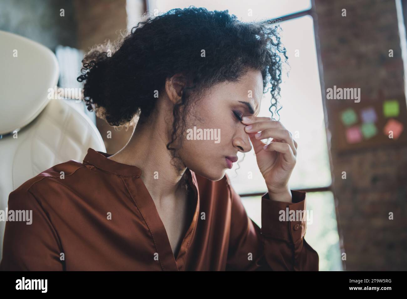 Profile portrait of tired stressed corporate worker sitting chair arm ...