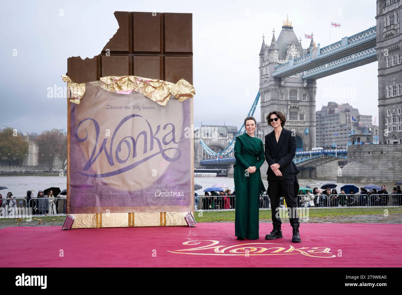 Olivia Colman, left, and Timothee Chalamet poses for photographers upon arrival at the photo ...