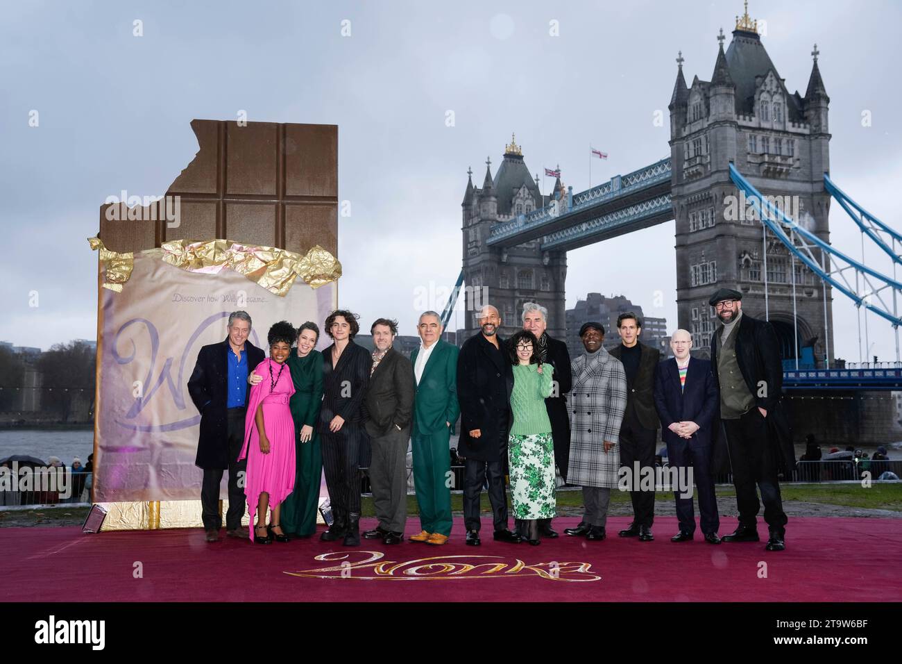 Hugh Grant, from left, Calah Lane, Olivia Colman, Timothee Chalamet ...
