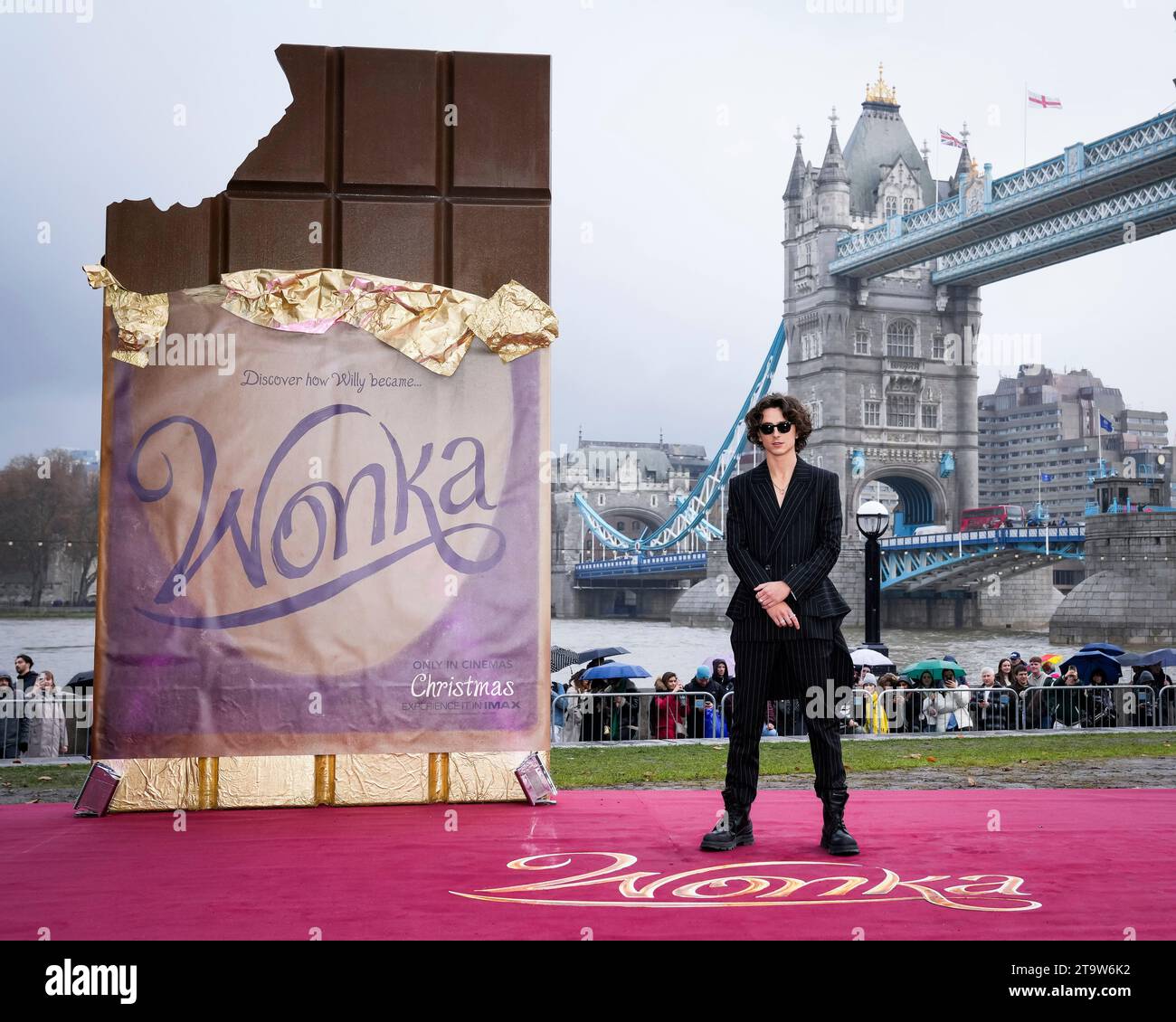 Timothee Chalamet poses for photographers upon arrival at the photo call of the film 'Wonka' in ...