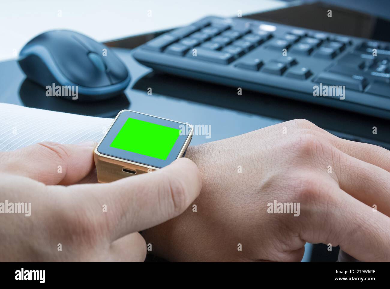 business man using smartwatch app with chroma key green screen near ...