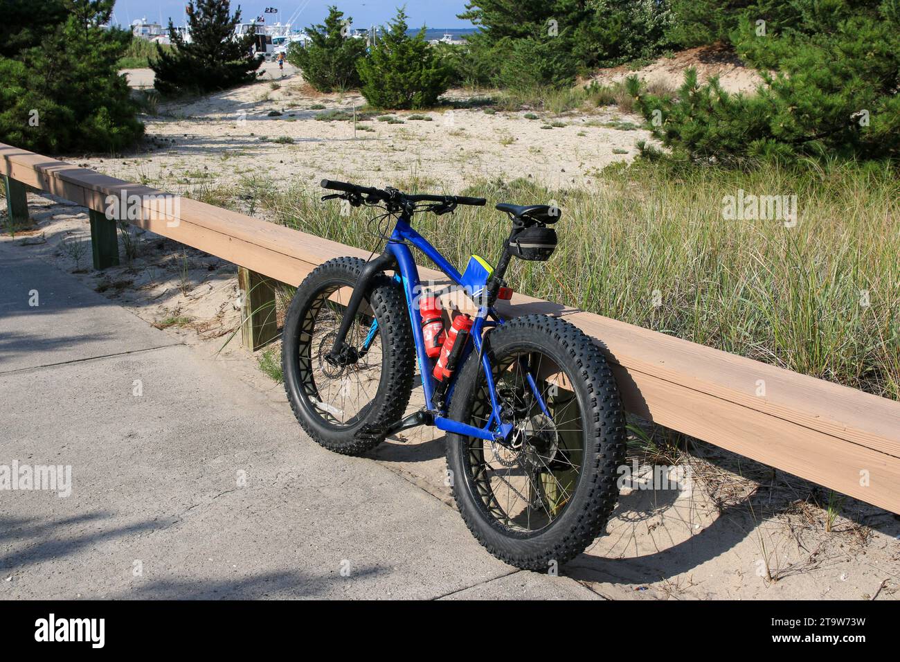 A blue fat wheeled bicycle parked on a wooden bench next to the sand on ...