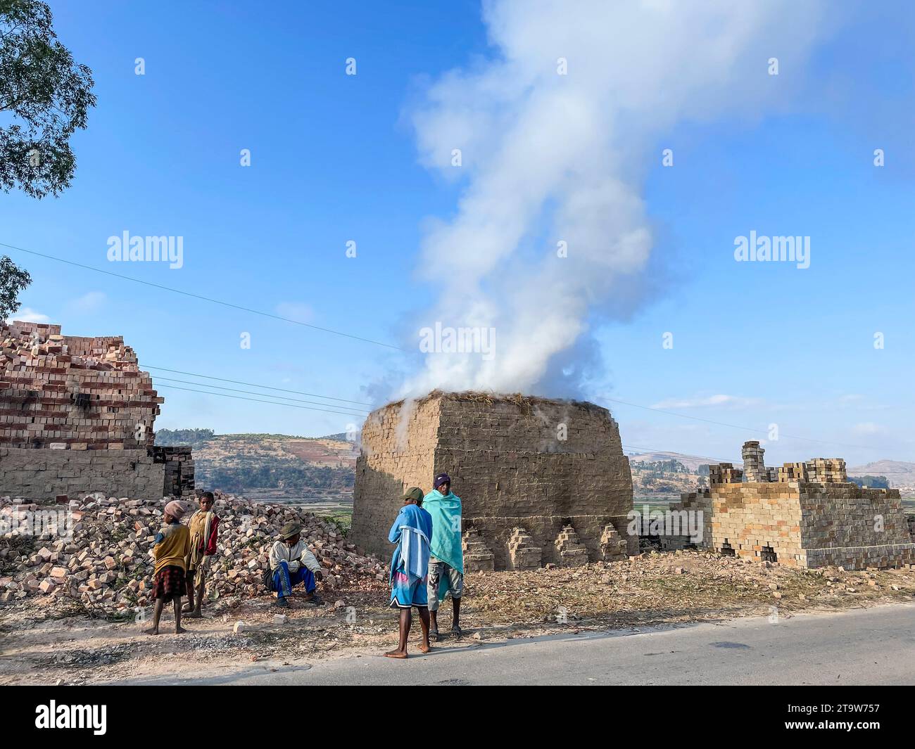 Madagascar, surroundings of Ambositra, brick making and firing Stock ...