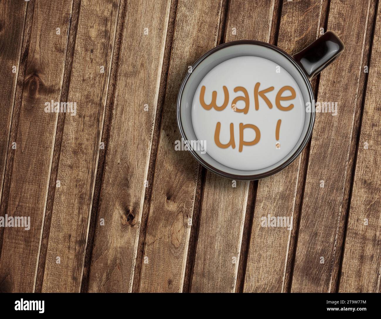 top of view of a cup of milk on wood table with word wake up, concept of breakfast Stock Photo ...