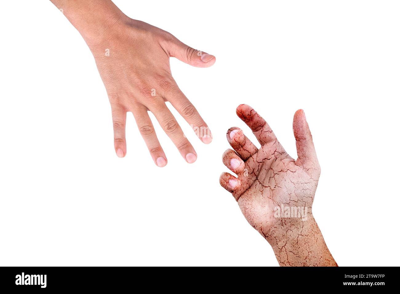 helping hand, grunge blood male hand takes male hand on white ...