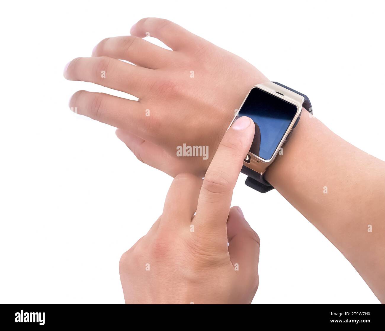 close-up of man using smartwatch app with finger on white background ...