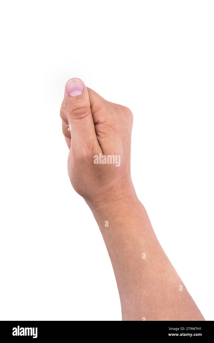 hand of man holding gesture isolated on white background, sign showing ...