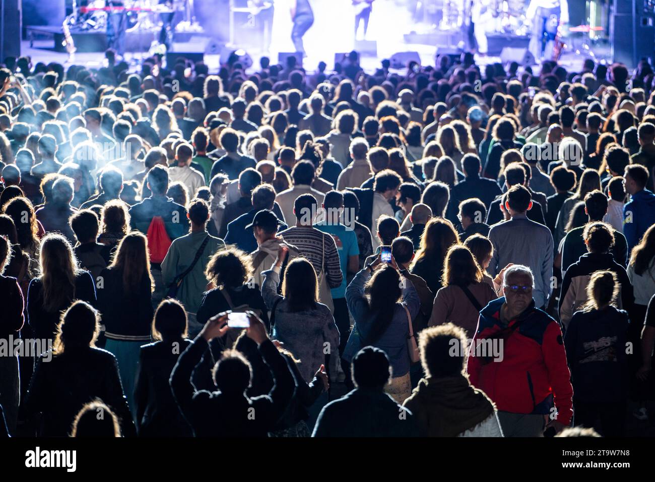 Happy people enjoying performance of popular band Stock Photo - Alamy