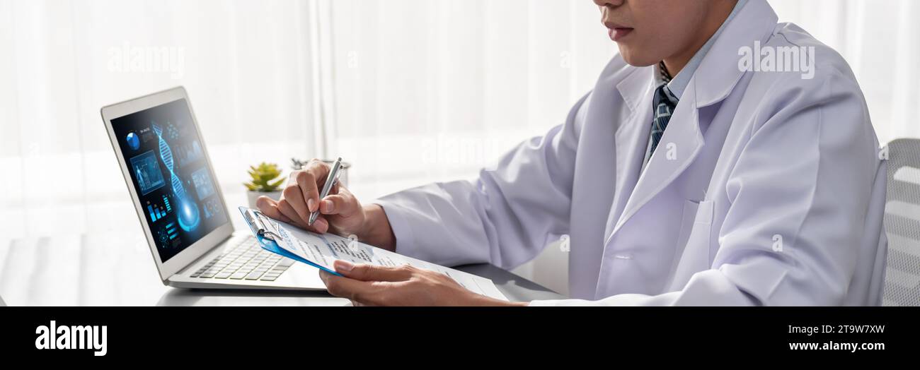 Doctor studying genetic disease in DNA research with laptop, analyze ...