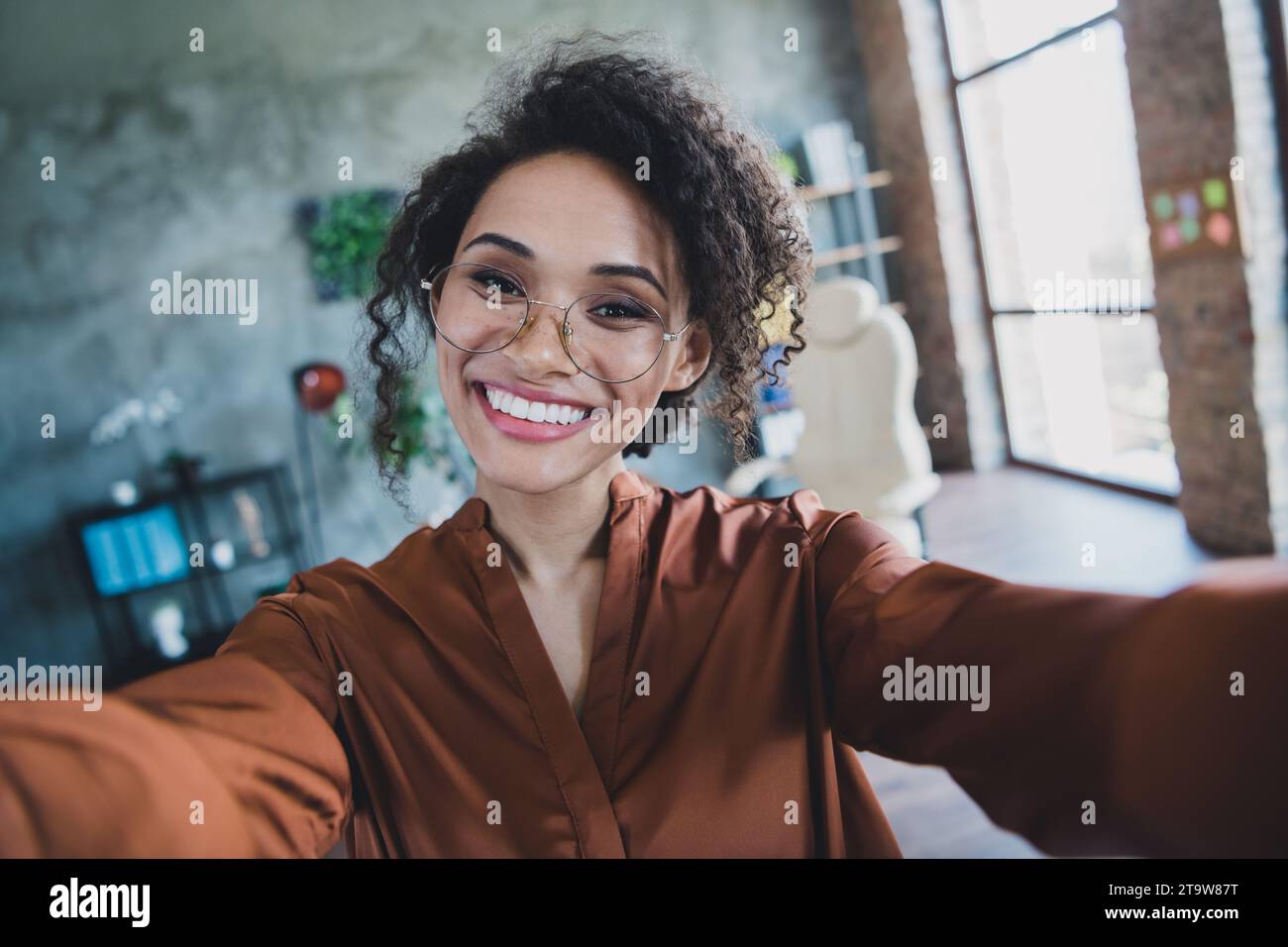Portrait of charming positive person beaming smile make selfie ...