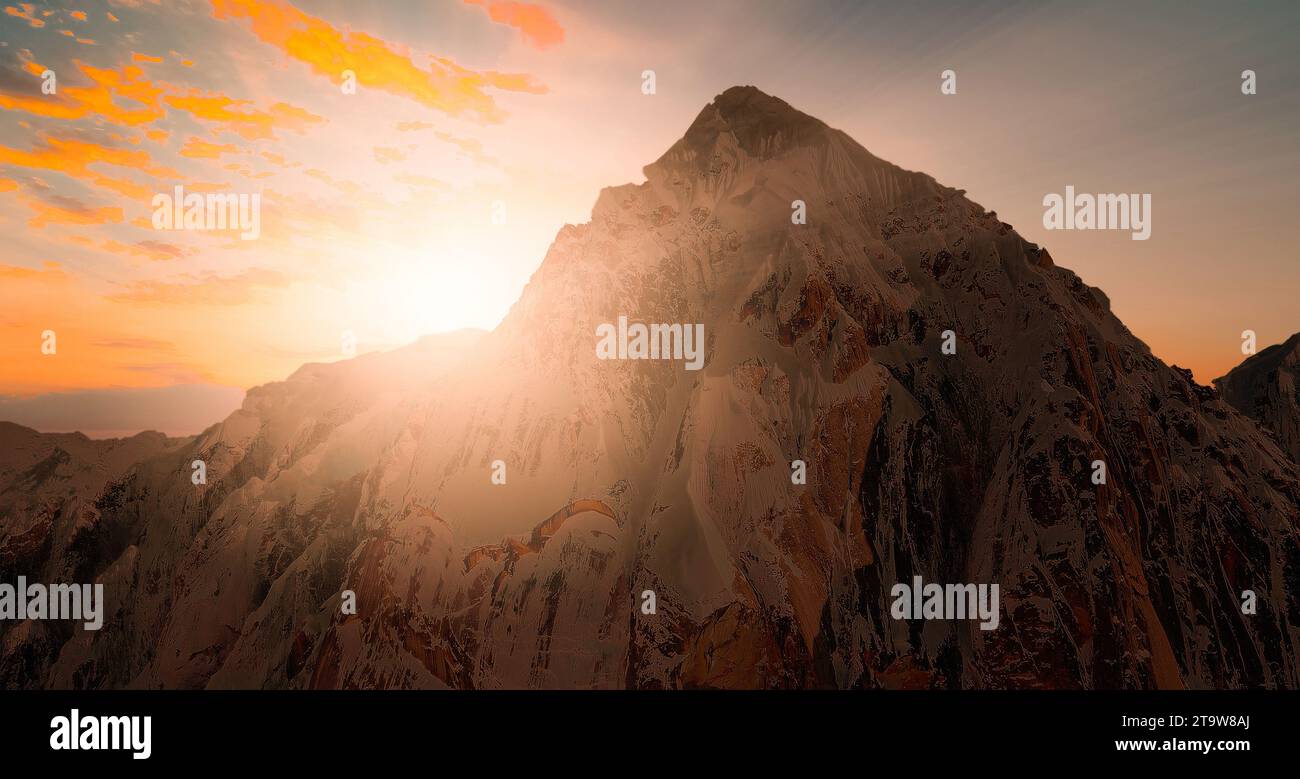 mountain view with snow silhouette at sunset scene with sun fall and ...