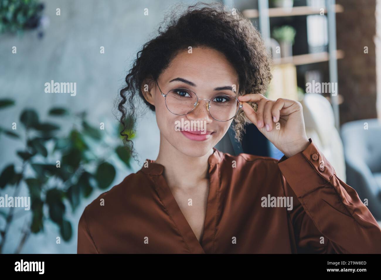 Portrait of elegant pretty corporate recruiter lady arm touch glasses ...