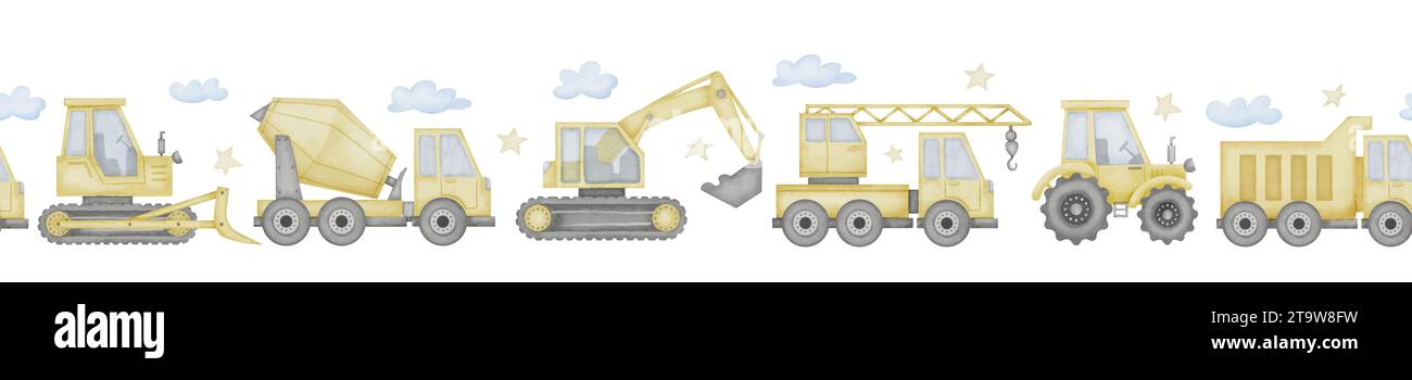 Truck Border Watercolor illustration. Seamless pattern of a toy car for ...