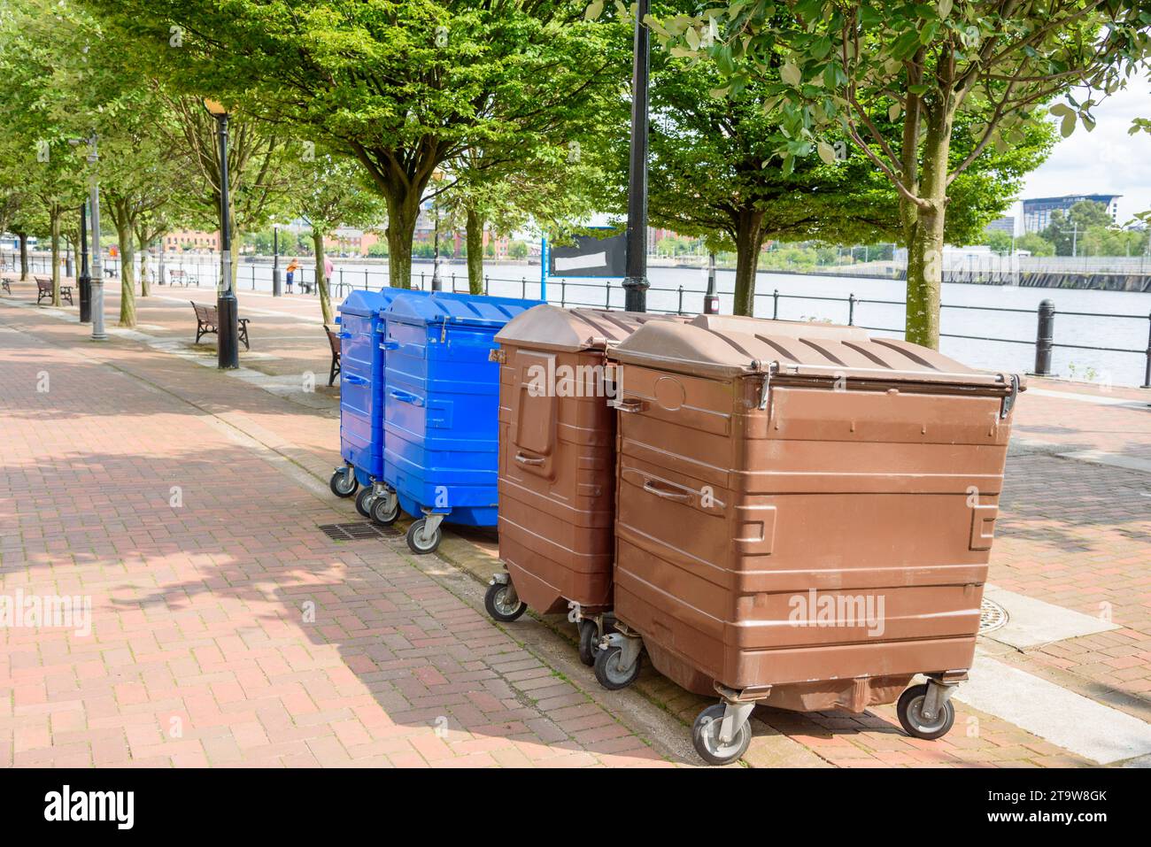 Large recycling bins along a tree lined harbourside footpath on a sunny ...