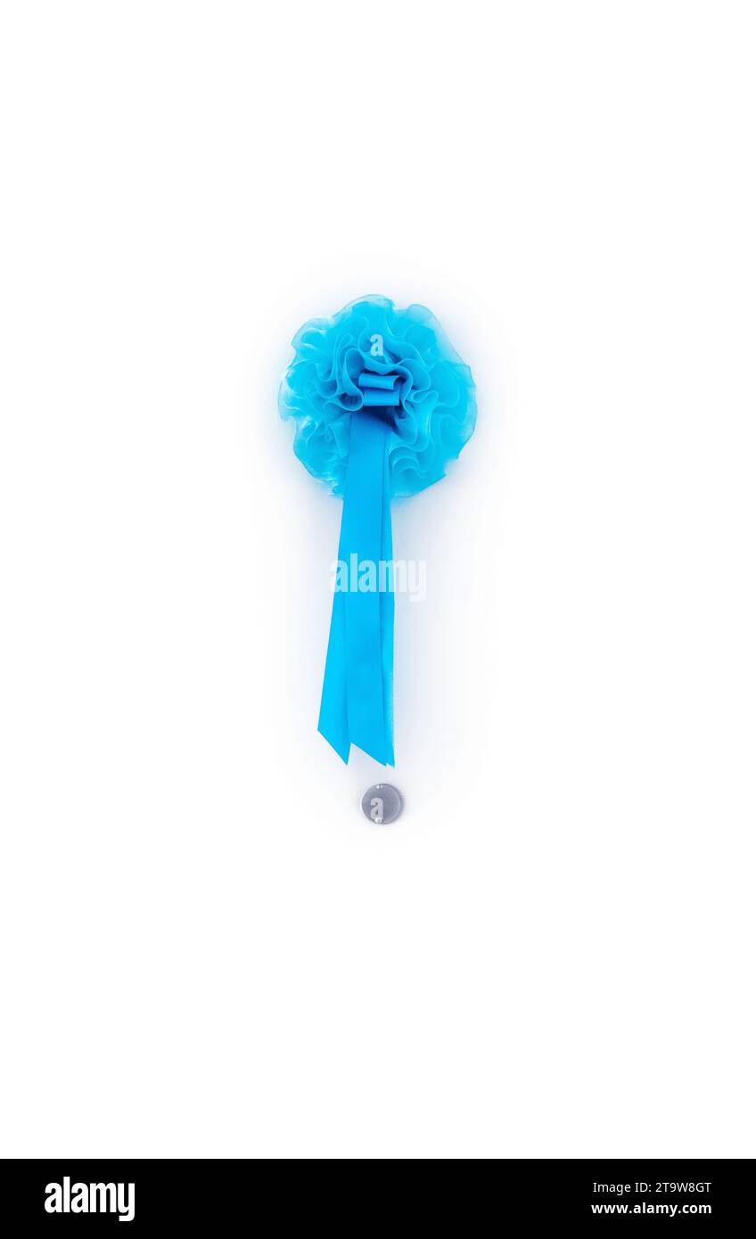 male newborn blue ribbon hanging on the house white door with spyhole ...