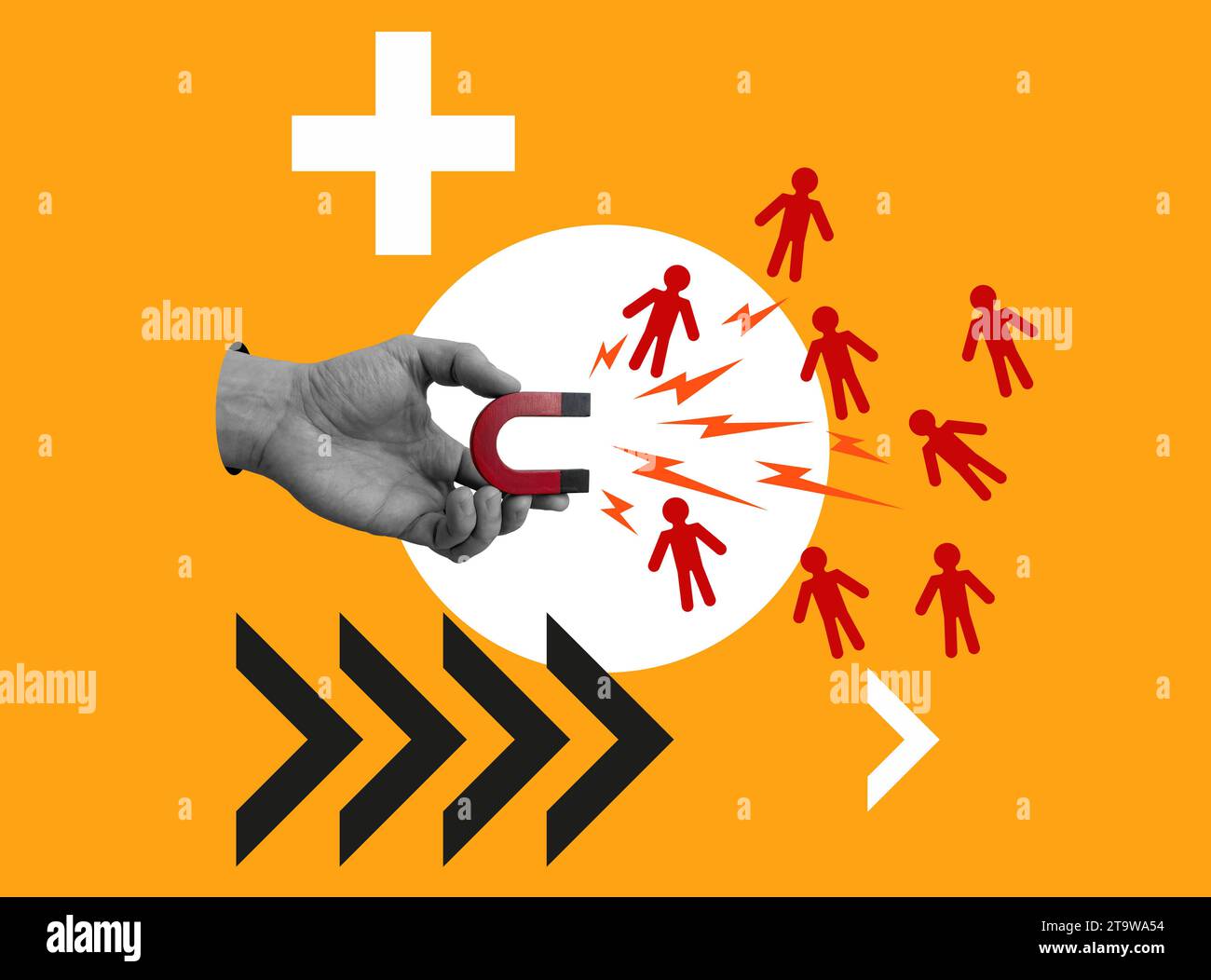 A hand with a magnet attracts figures. Retaining employees or ...