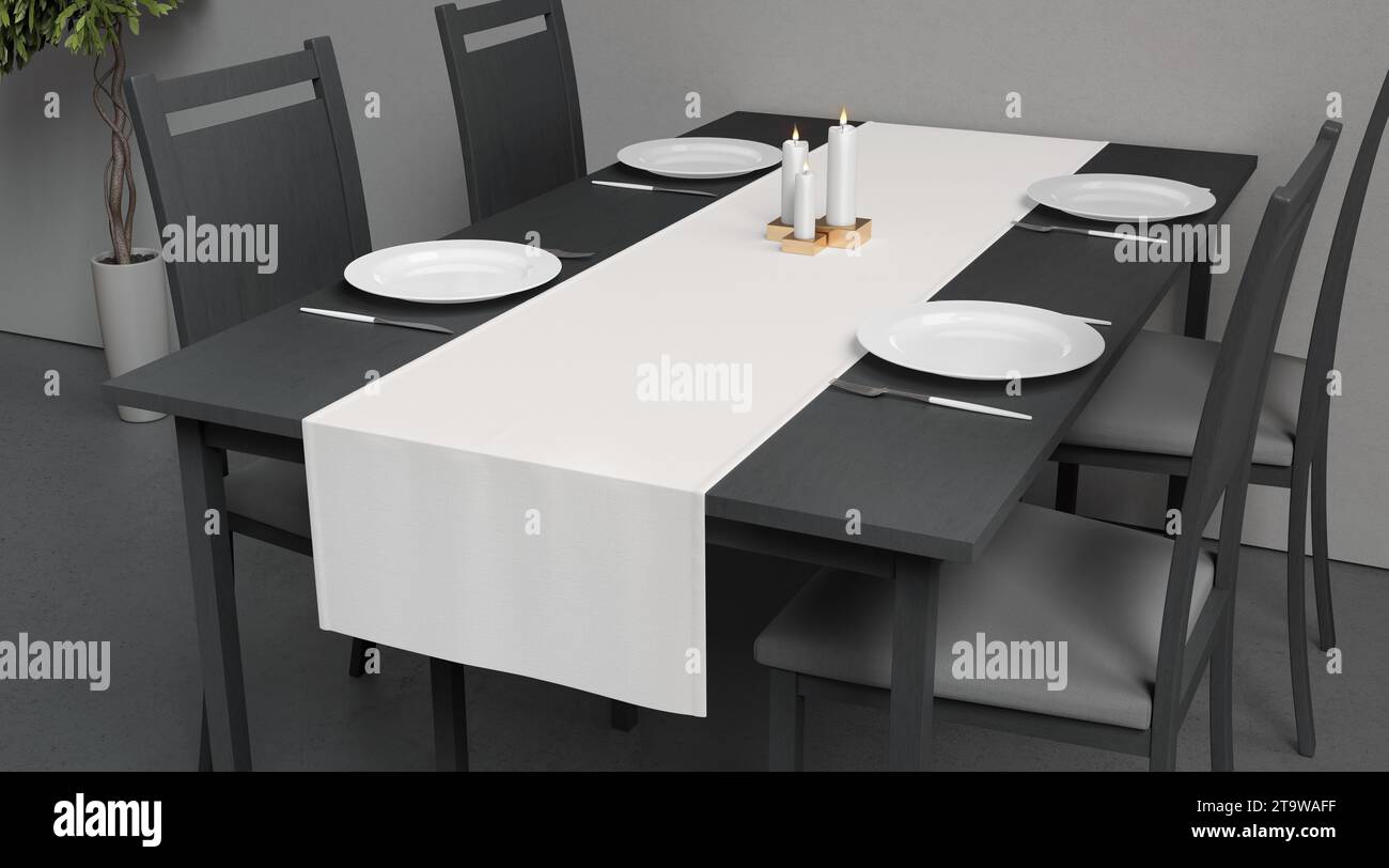 Blank white table runner and dishes mockup crop, interior background ...