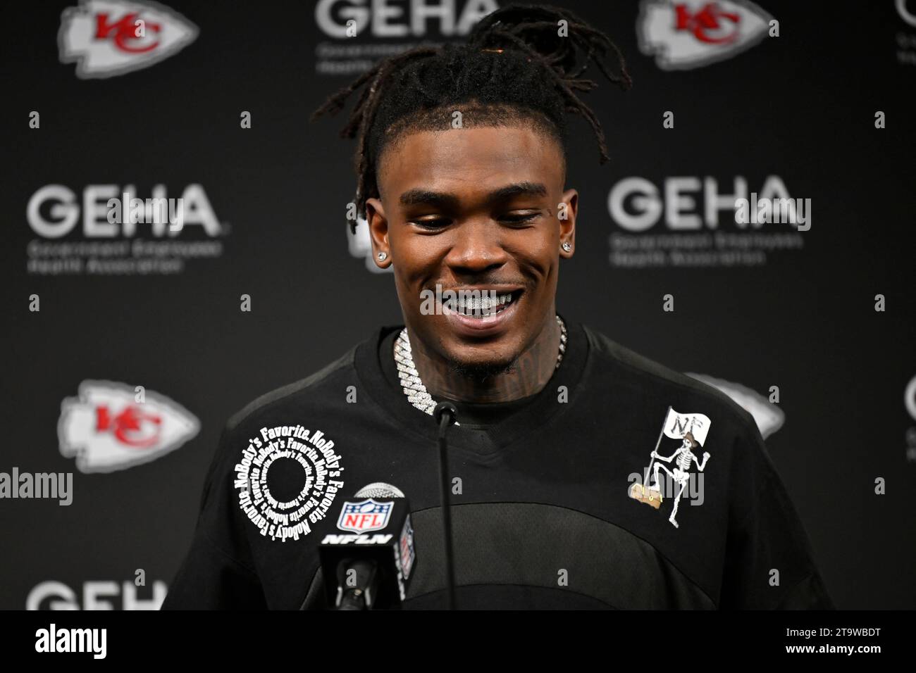 Kansas City Chiefs wide receiver Rashee Rice attends a news conference ...