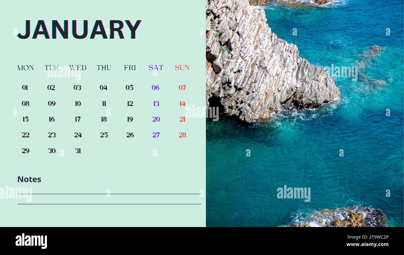 Seaboard Calendar 2024 for January month Montenegro Croatia Stock Photo ...
