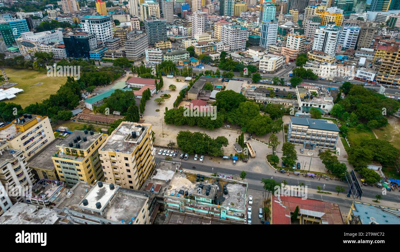 Aerial view of a city skyline from the top of a high-rise apartment ...