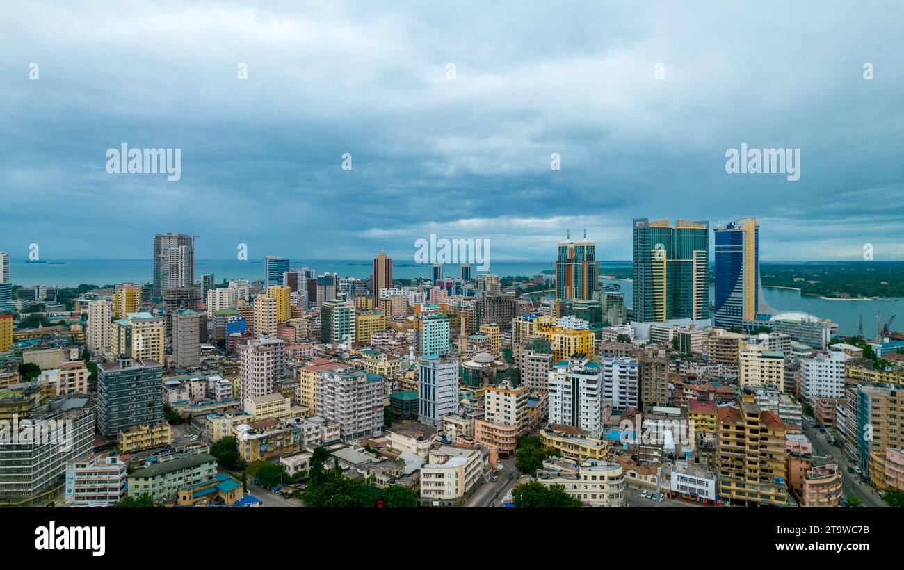 A stunning aerial view of a bustling metropolitan cityscape, featuring the skyline of towering ...