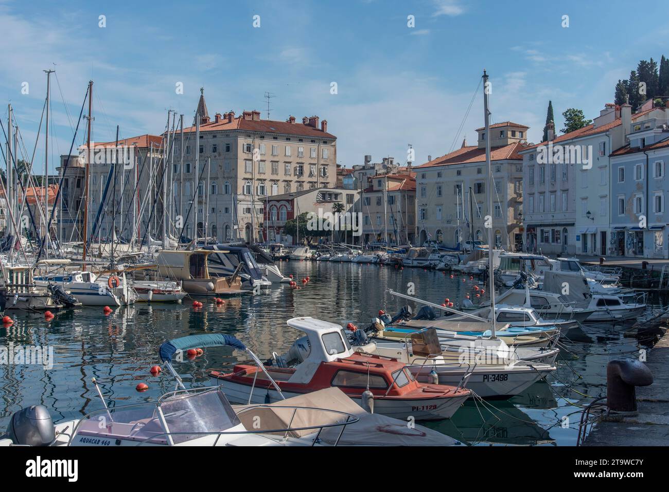 Iconic aerial view of harbor fishing town of Piran, Slovenia on the ...
