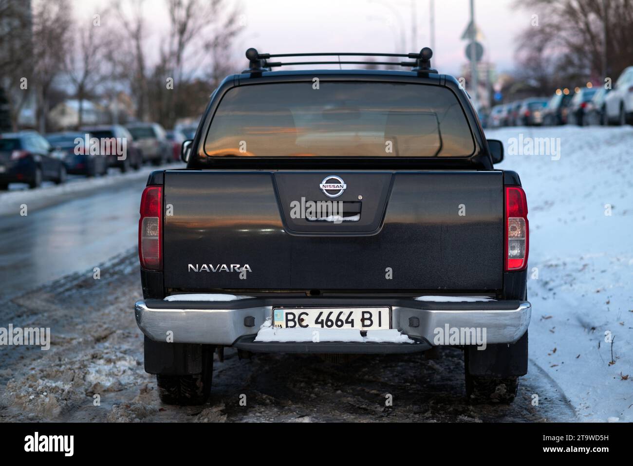 Kyiv, Ukraine. 27 November, 2023. Back view of grey Nissan Navara ...