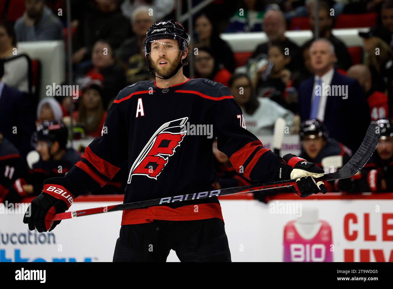 Carolina Hurricanes' Jaccob Slavin (74) watches the puck against the ...