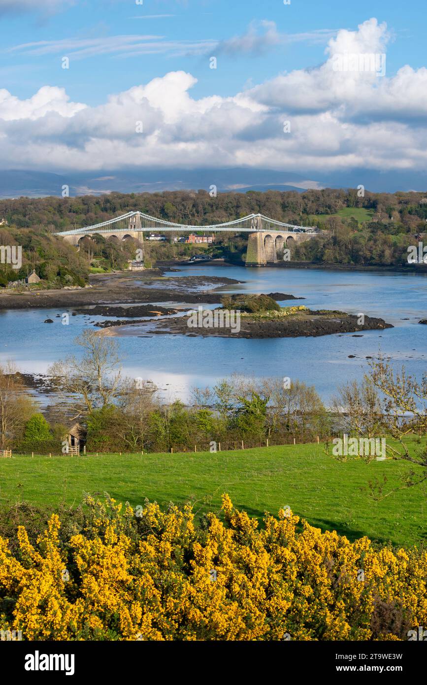 Menai Suspension Bridge and Menai Strait, Anglesey, North Wales Stock ...