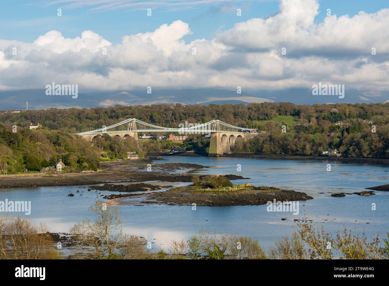 Menai Suspension Bridge and Menai Strait, Anglesey, North Wales Stock ...