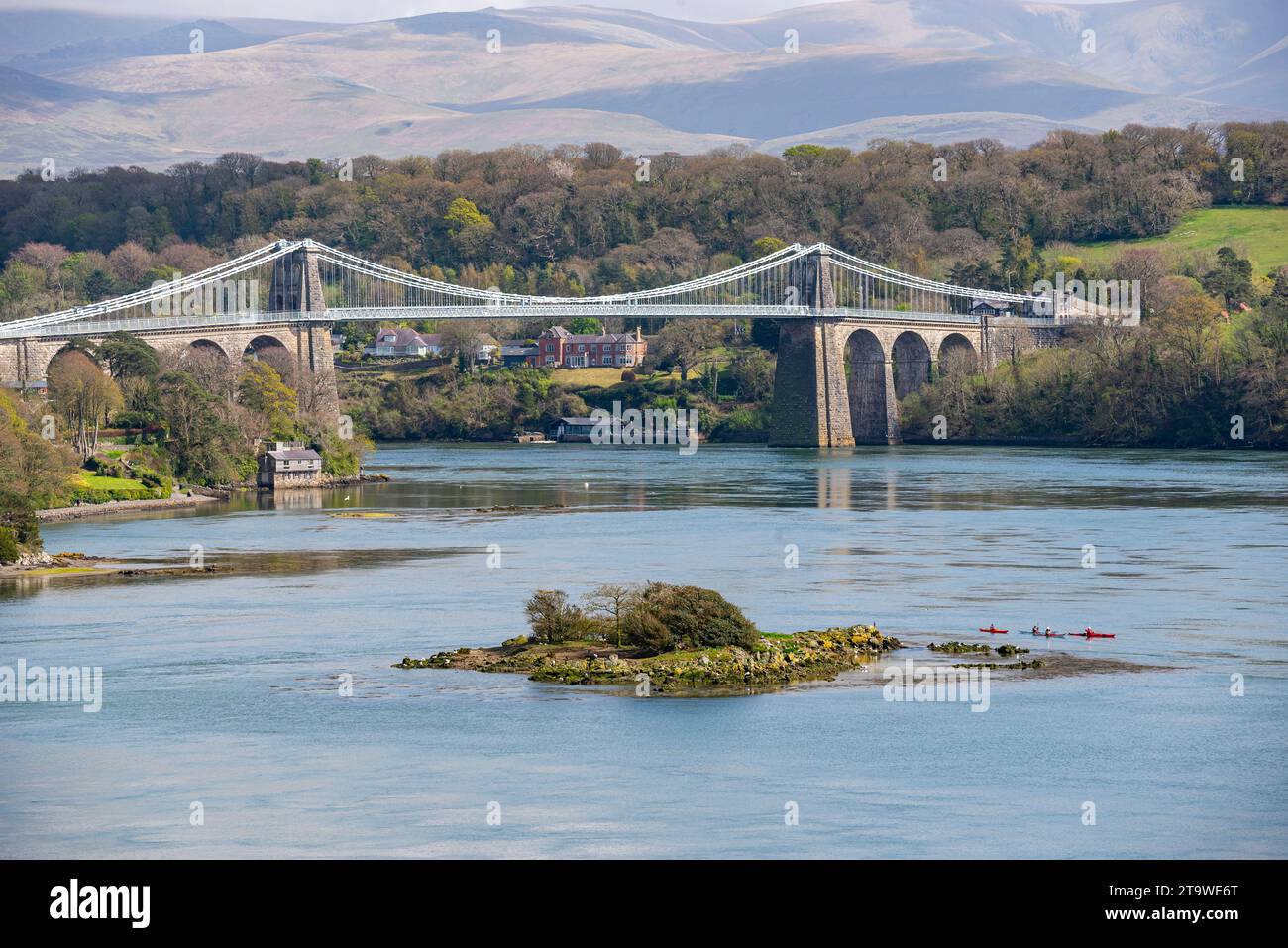 Menai Suspension Bridge and Menai Strait, Anglesey, North Wales. A ...