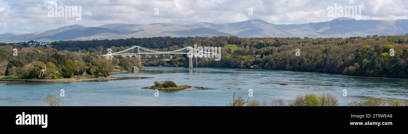 Menai Suspension Bridge and Menai Strait, Anglesey, North Wales Stock ...