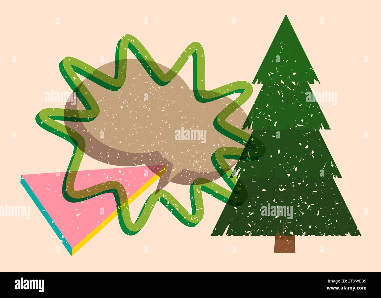 Risograph Christmas Tree with speech bubble with geometric shapes. Pine ...